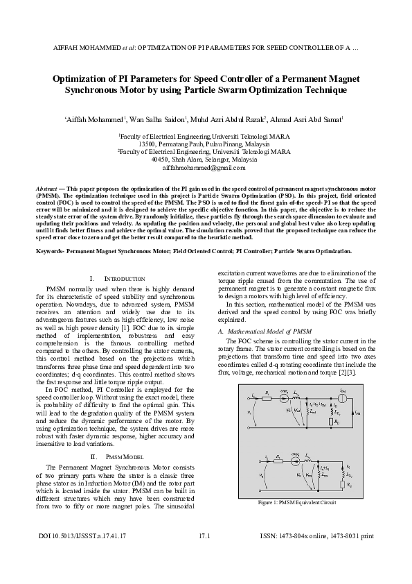 Pdf Optimization Of Pi Parameters For Speed Controller Of A Permanent Magnet Synchronous Motor