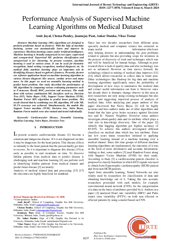 (PDF) Performance Analysis of Supervised Machine Learning Algorithms on Medical Dataset
