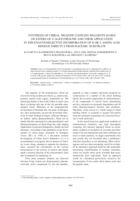 (PDF) Synthesis of chiral triazine coupling reagents based on esters of ...