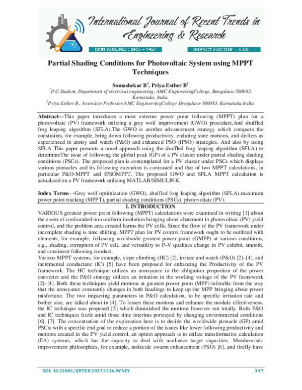 Pdf Partial Shading Conditions For Photovoltaic System Using Mppt