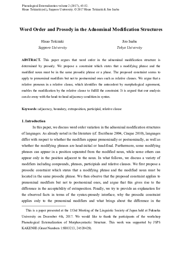 (PDF) Word Order and Prosody in the Adnominal Modification Structures ...