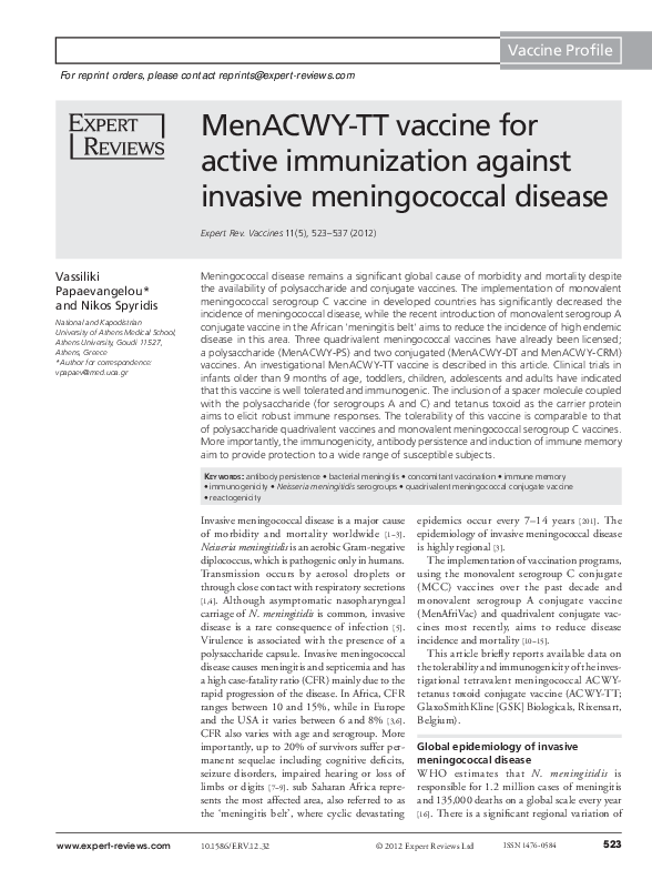 (PDF) MenACWY-TT vaccine for active immunization against invasive ...