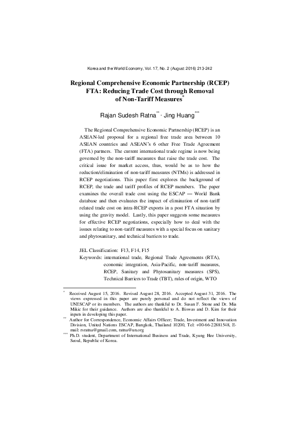 (PDF) Regional Comprehensive Economic Partnership (RCEP) FTA