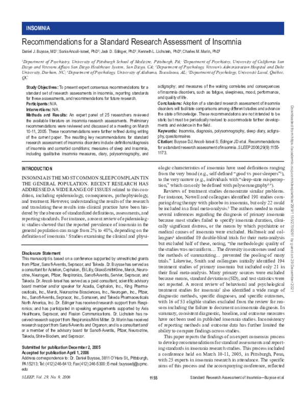 (PDF) Recommendations for a standard research assessment of insomnia
