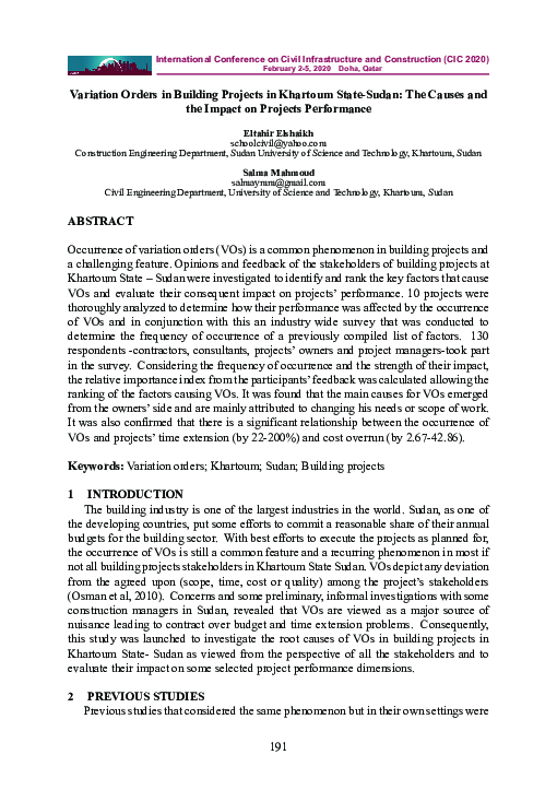 (PDF) Variation Orders in Building Projects in Khartoum State-Sudan: The Causes and the Impact ...