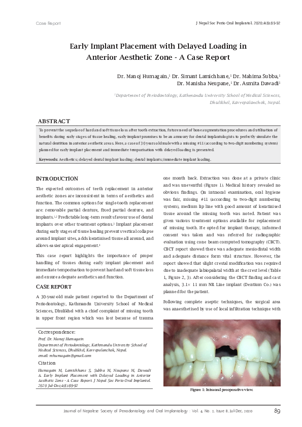 (PDF) Early Implant Placement with Delayed Loading in Anterior ...