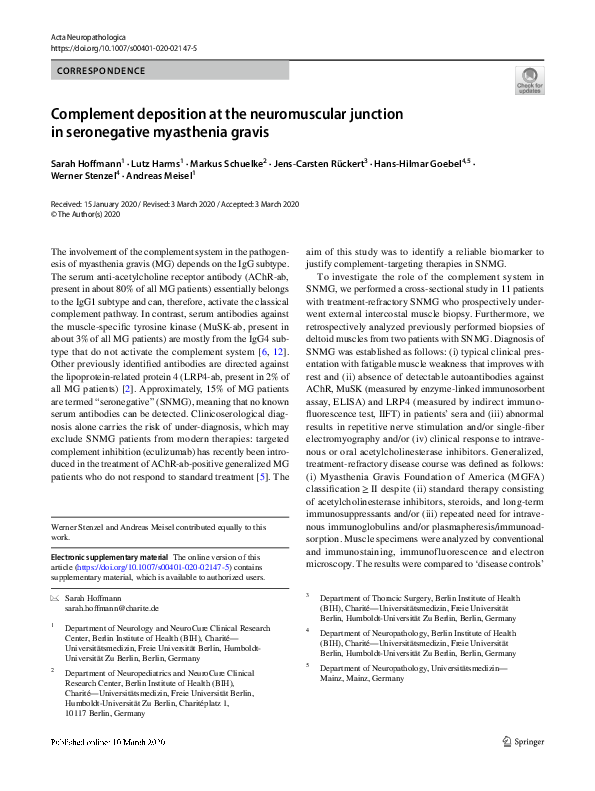 (PDF) Complement deposition at the neuromuscular junction in seronegative myasthenia gravis