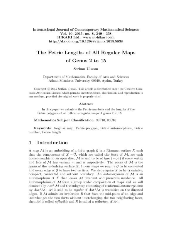 (PDF) The Petrie lengths of all regular maps of genus 2 to 15