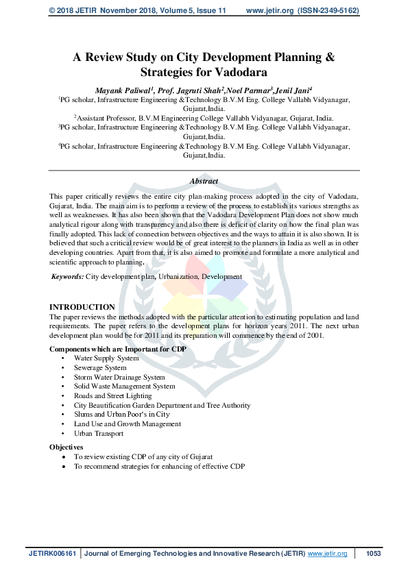 (PDF) A Review Study on City Development Planning & Strategies for Vadodara