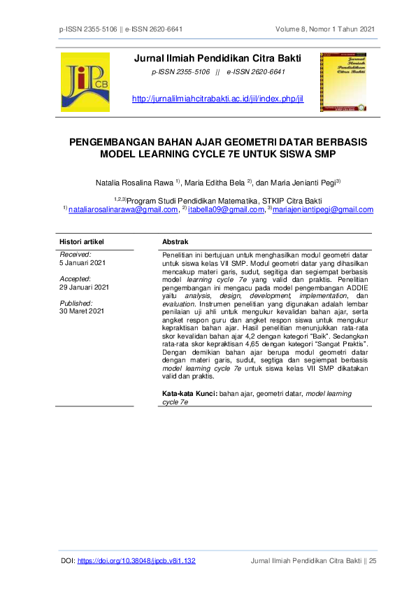 (PDF) Pengembangan Bahan Ajar Geometri Datar Berbasis Model Learning Cycle 7E Untuk Siswa SMP