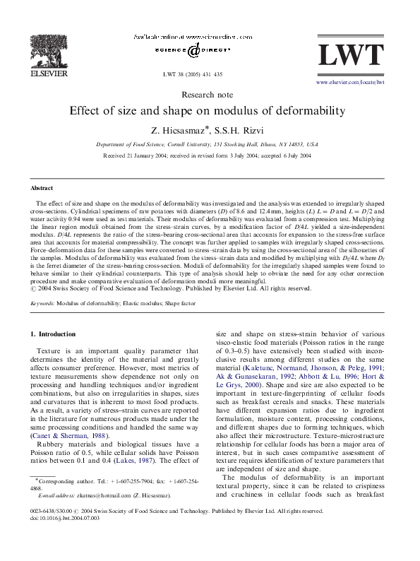 (PDF) Effect of size and shape on modulus of deformability