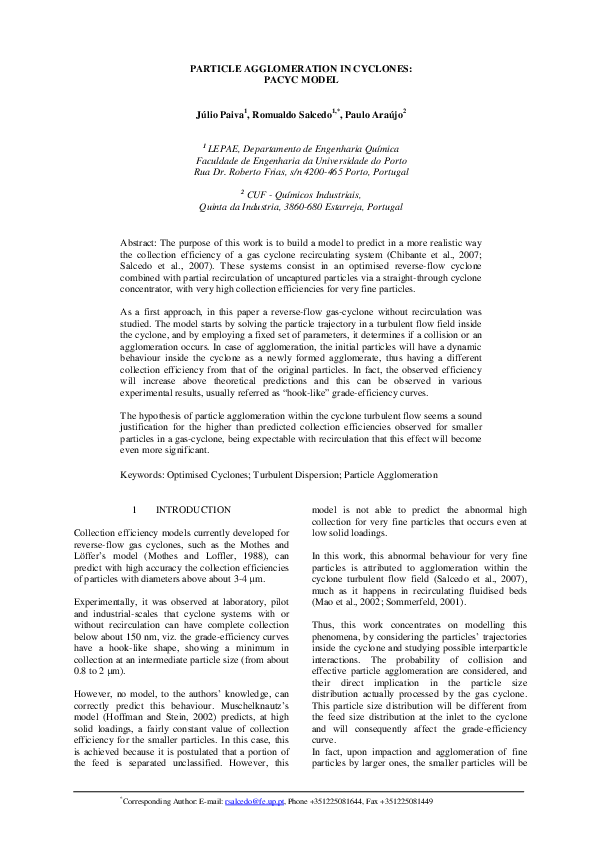 (PDF) Particle Agglomeration in Cyclones: Pacyc Model