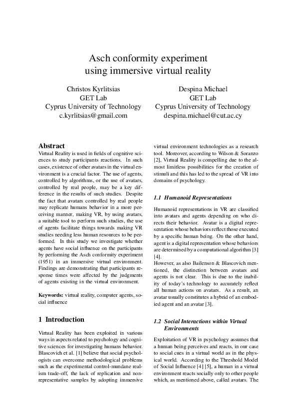 (PDF) Asch conformity experiment using immersive virtual reality