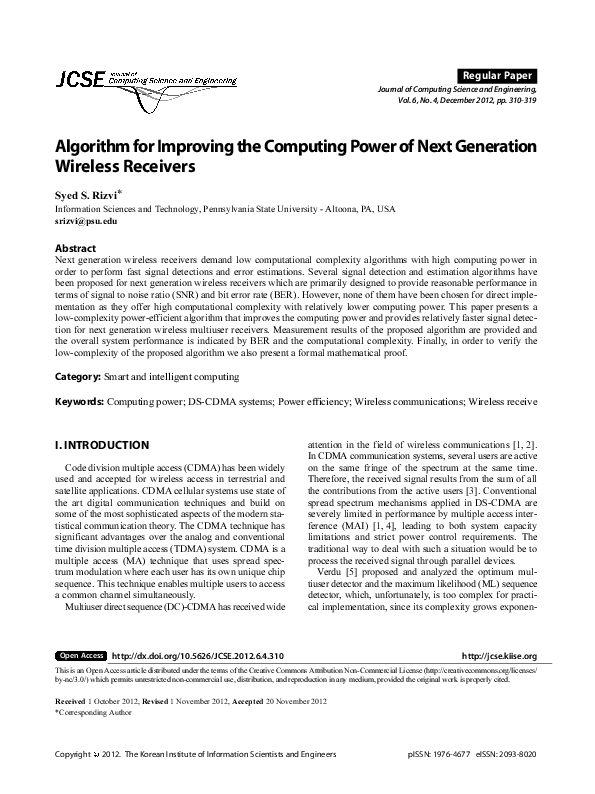 Pdf Algorithm For Improving The Computing Power Of Next Generation Wireless Receivers Syed
