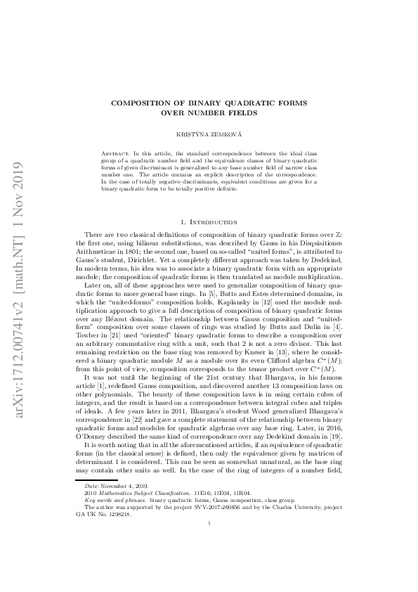 Pdf Composition Of Binary Quadratic Forms Over Number Fields