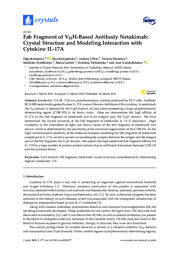 (PDF) Fab Fragment of VHH-Based Antibody Netakimab: Crystal Structure ...