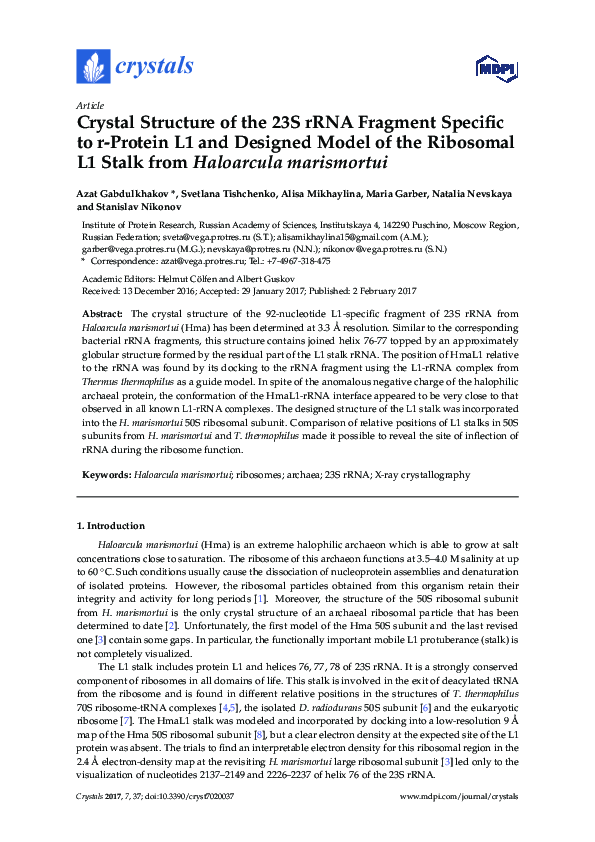 (PDF) Crystal Structure of the 23S rRNA Fragment Specific to r-Protein L1 and Designed Model of ...