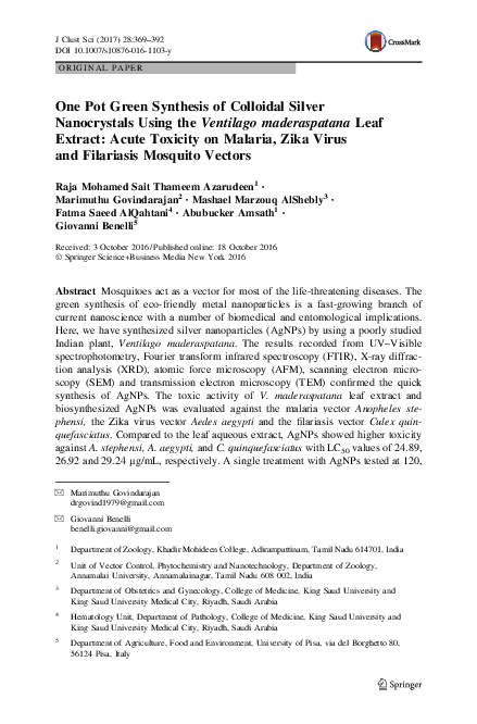(PDF) One Pot Green Synthesis of Colloidal Silver Nanocrystals Using the Ventilago maderaspatana ...