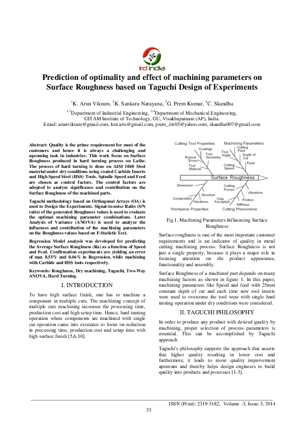 (PDF) Prediction of optimality and effect of machining parameters on Surface Roughness based on ...