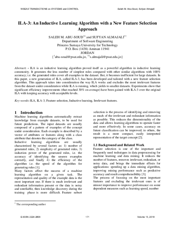 Pdf Ila 3 An Inductive Learning Algorithm With A New Feature Selection Approach Sufyan