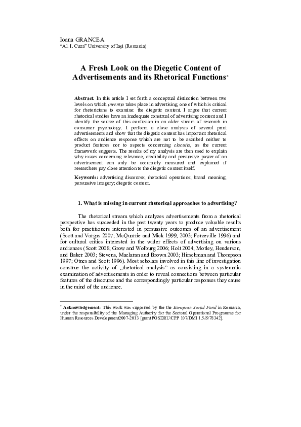 (PDF) A Fresh Look on the Diegetic Content of Advertisements and its ...