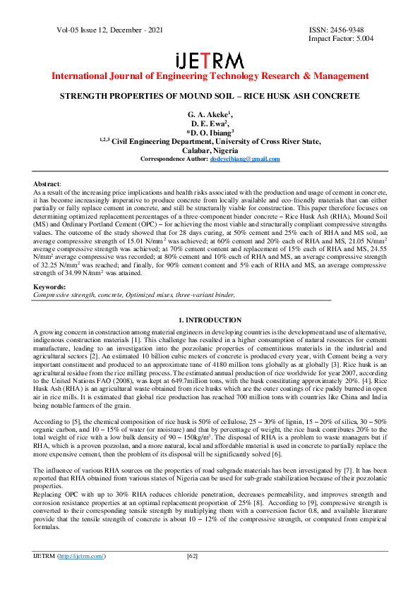 (PDF) STRENGTH PROPERTIES OF MOUND SOIL – RICE HUSK ASH CONCRETE ...