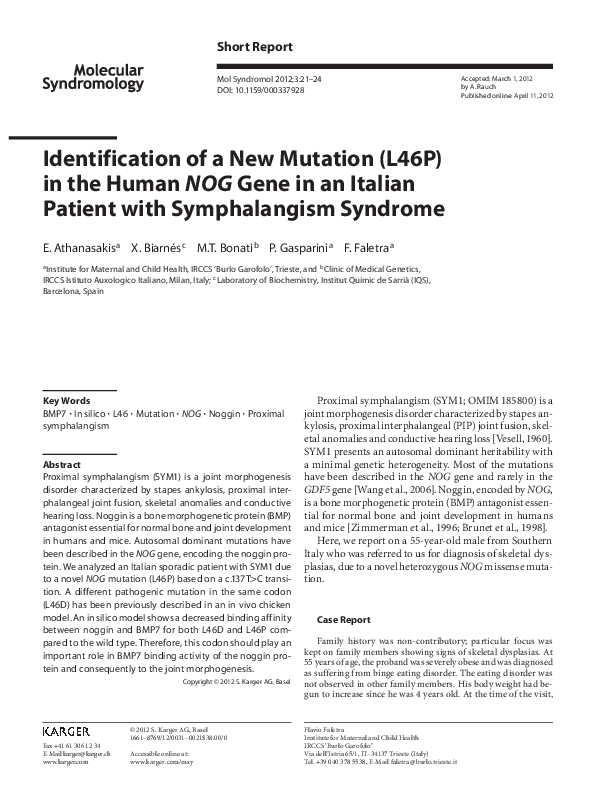 (PDF) Identification of a new mutation (L46P) in the human NOG gene in ...