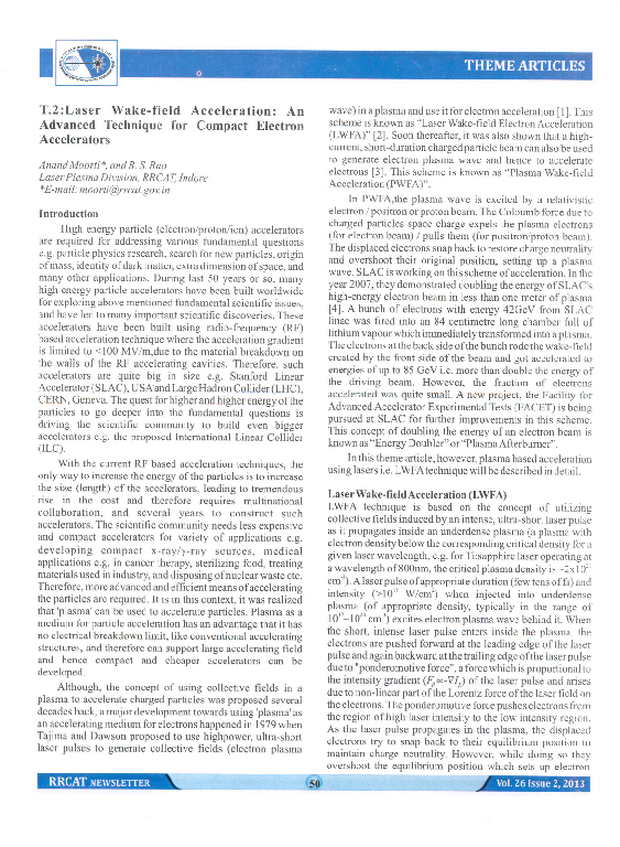 (PDF) Laser Wakefield Acceleration : An Advanced Technique for Compact Electron Accelerators
