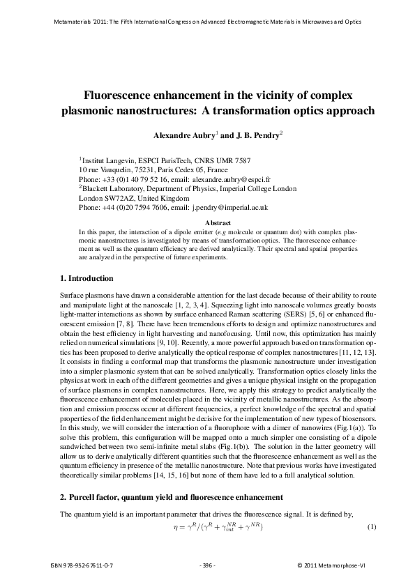 (PDF) Fluorescence enhancement in the vicinity of complex plasmonic nanostructures: A ...