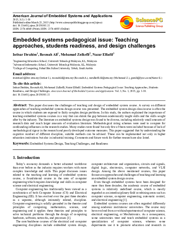 Embedded Systems Pedagogical Issue: Teaching Approaches, Students Readiness, and Design Challenges