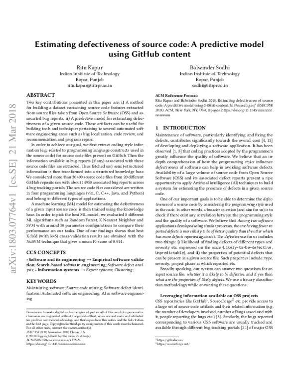 (PDF) Estimating defectiveness of source code: A predictive model using GitHub content