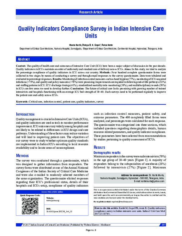 (PDF) Quality indicators compliance survey in Indian intensive care units