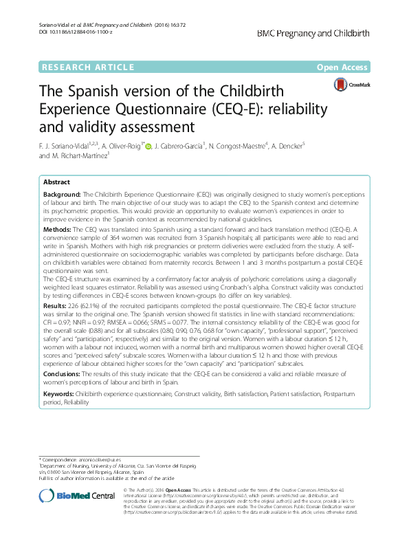 (PDF) The Spanish version of the Childbirth Experience Questionnaire ...