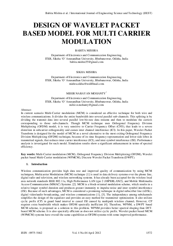 Pdf Design Of Wavelet Packet Based Model For Multi Carrier Modulation
