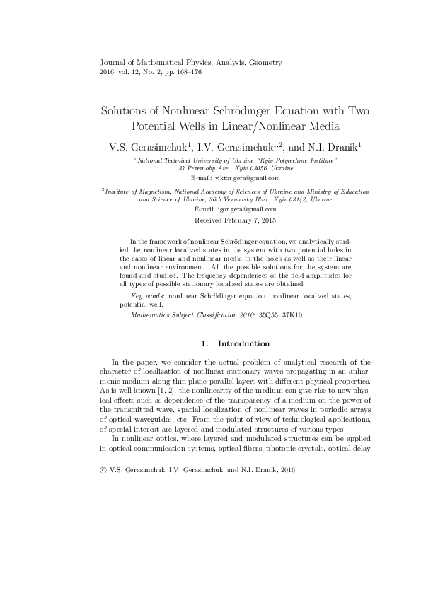 (PDF) Solutions of Nonlinear Schrodinger Equation with Two Potential ...