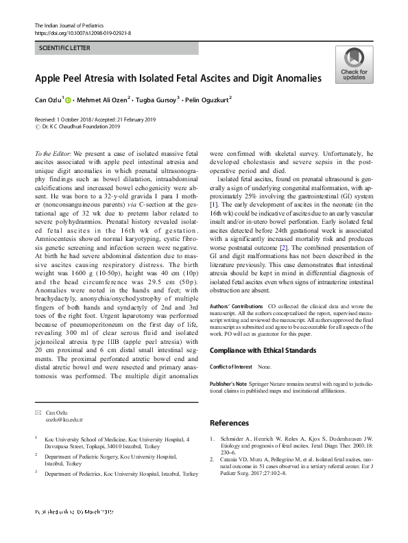 (PDF) Apple Peel Atresia with Isolated Fetal Ascites and Digit ...