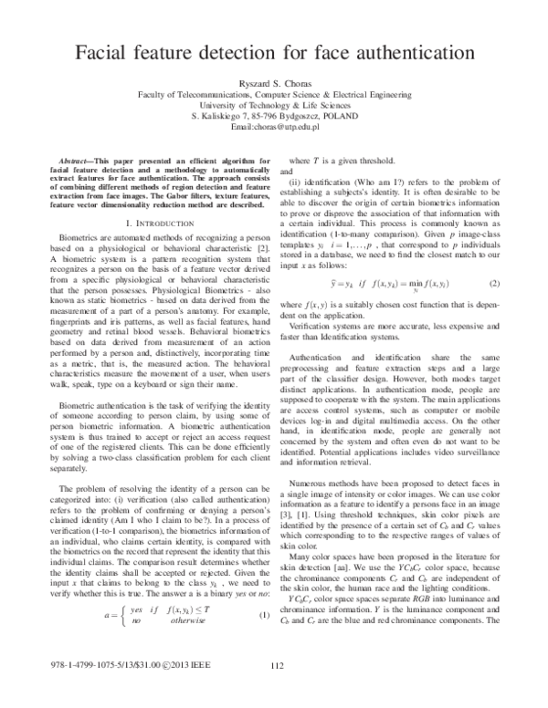 (PDF) Facial feature detection for face authentication