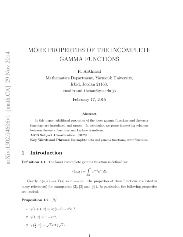 (PDF) More Properties of the Incomplete Gamma Functions