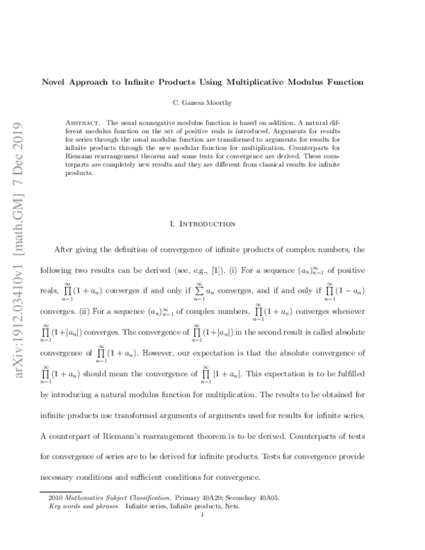 (PDF) Novel Approach to Infinite Products Using Multiplicative Modulus Function