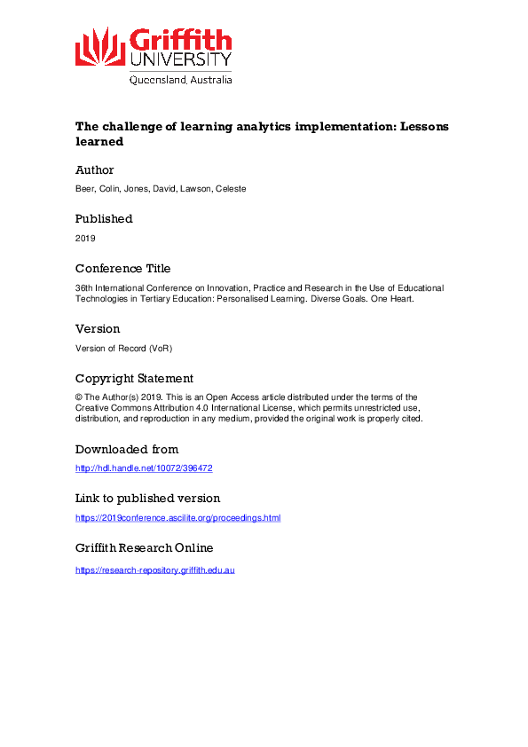 (PDF) The challenge of learning analytics implementation: lessons learned