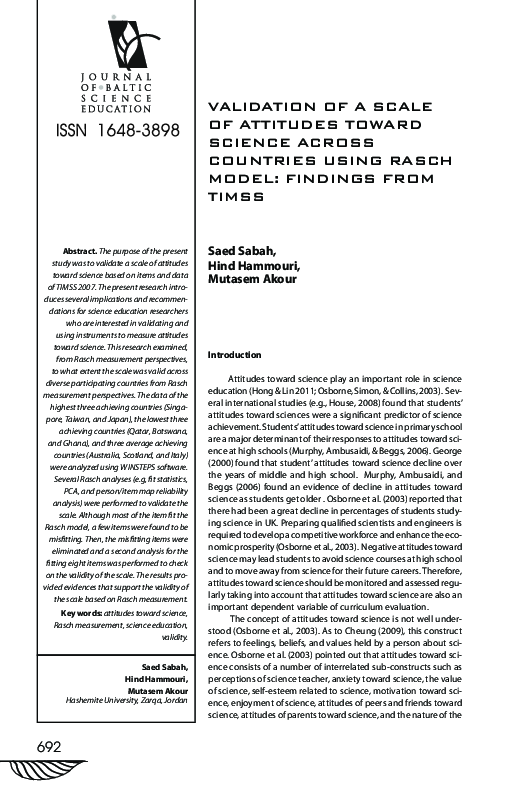 (PDF) Validation of a Scale of Attitudes Toward Science Across Countries Using Rasch Model ...