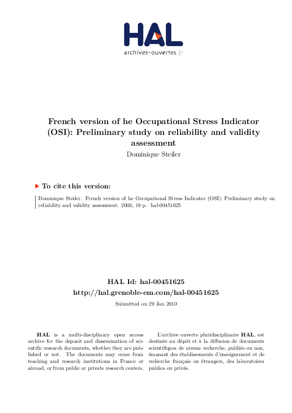 (PDF) French version of he Occupational Stress Indicator (OSI): Preliminary study on reliability ...