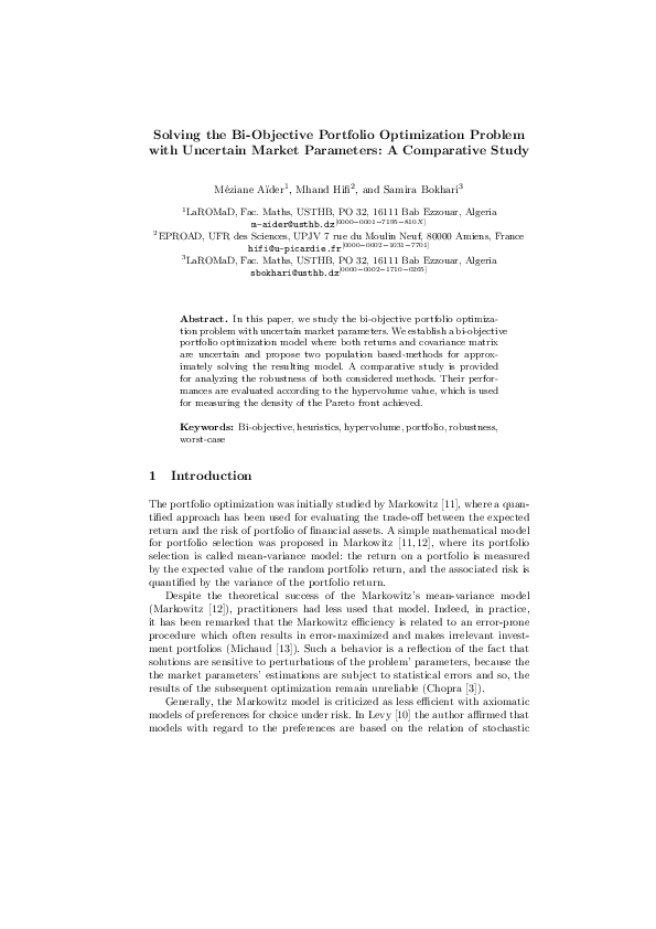 (PDF) Solving the Bi-Objective Portfolio Optimization Problem with Uncertain Market Parameters ...