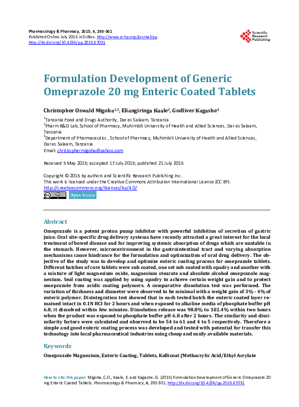 (PDF) Formulation Development of Generic Omeprazole 20 mg Enteric ...