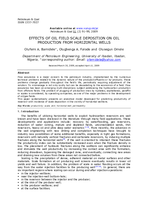 (PDF) Effects of Oilfield Scale Deposition on Oil Production from ...