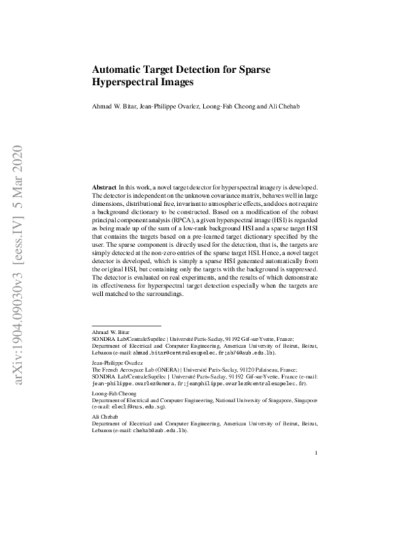 Pdf Automatic Target Detection For Sparse Hyperspectral Images
