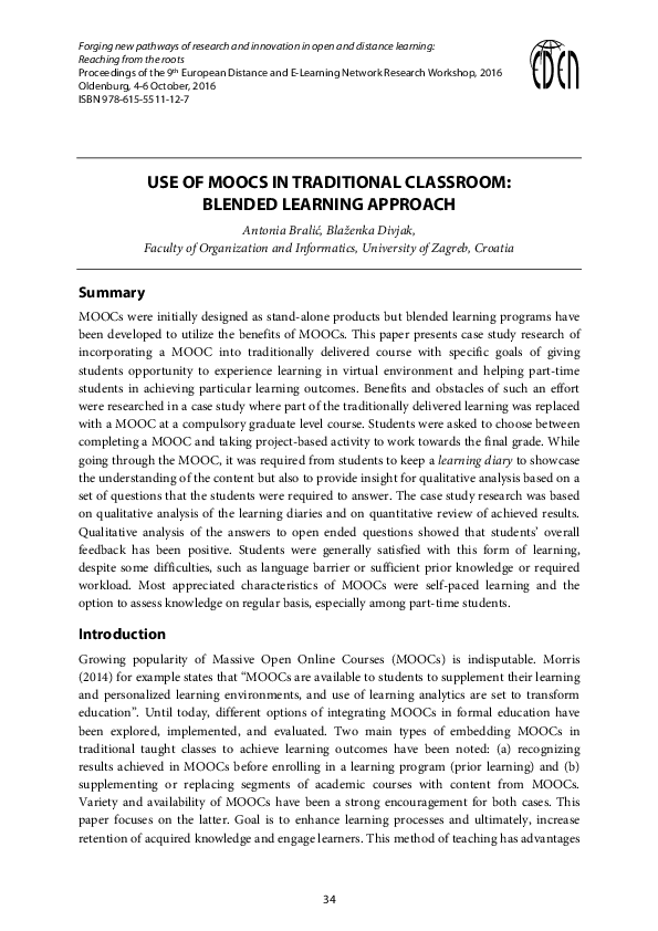(PDF) Use of MOOCs in Traditional Classroom: Blended Learning Approach