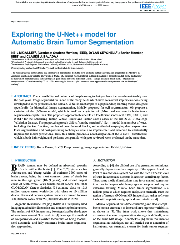 Pdf Exploring The U Net Model For Automatic Brain Tumor