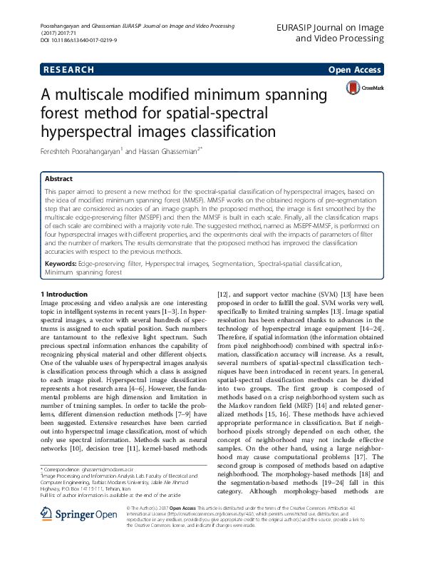 Pdf A Multiscale Modified Minimum Spanning Forest Method For Spatial Spectral Hyperspectral