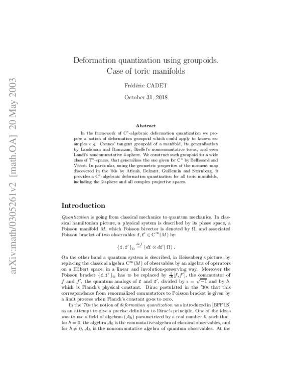 (PDF) Deformation quantization using groupoids. The case of toric manifolds | Frederic CADET ...